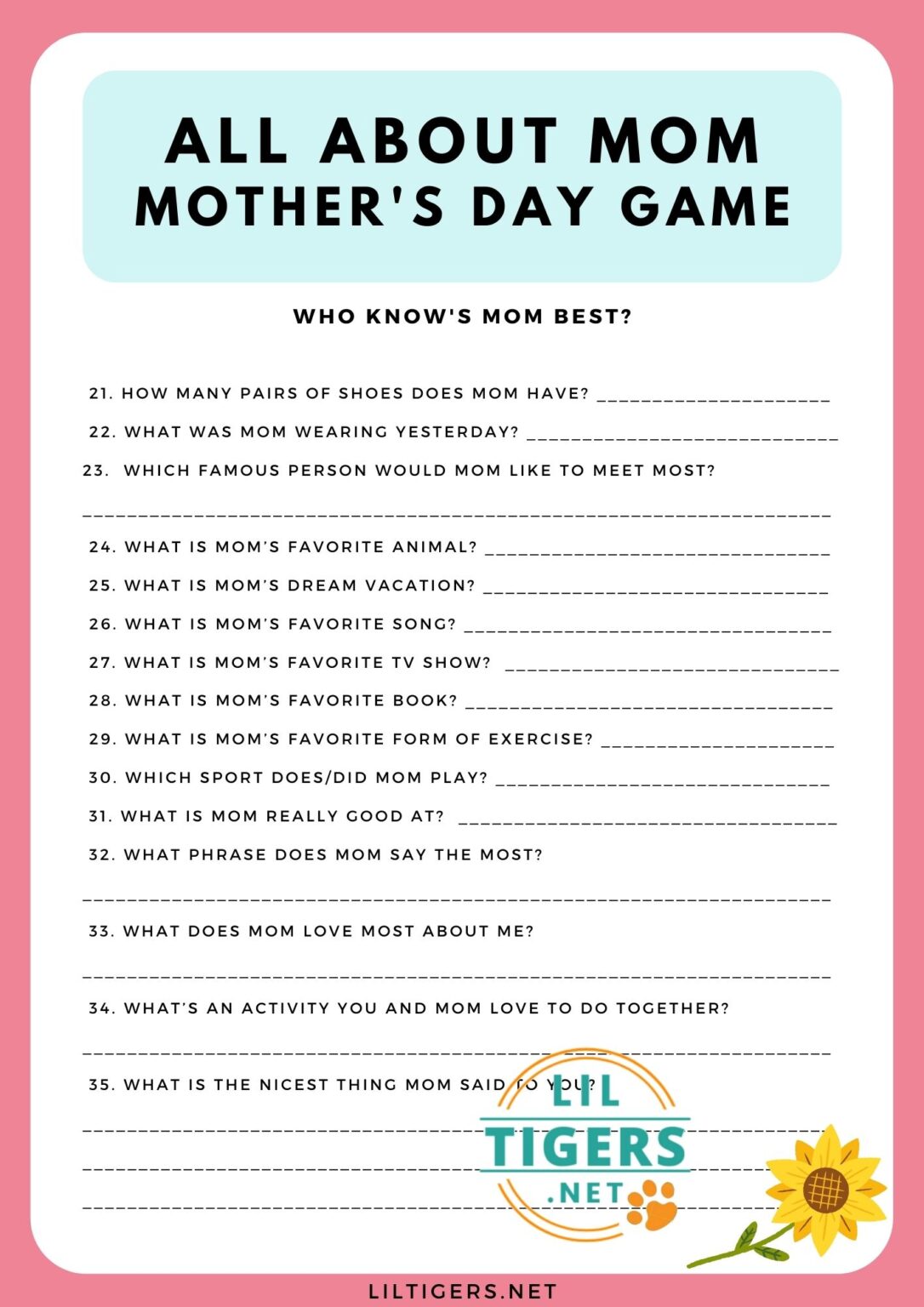 How Well Do You Know Mom Questions - All About Mom Game
